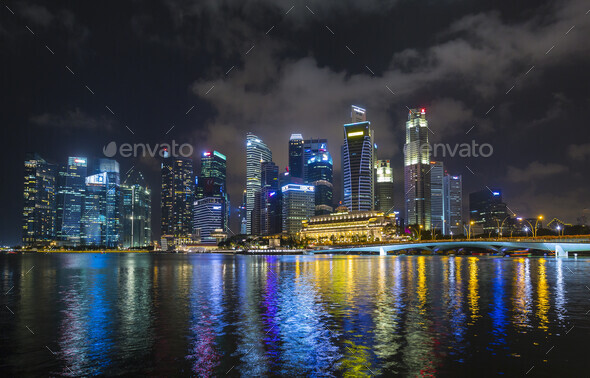 Waterfront skyline at Marina Bay at night, Singapore, South East Asia Stock Photo by Image-Source