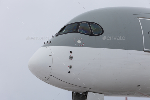 Airplane cockpit close-up. Windshield. Pilot seat. Plane Stock Photo by ...