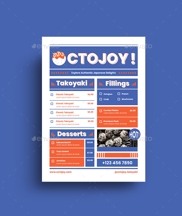 White Blue Orange Creative Takoyaki Restaurant Menu Information, Print ...