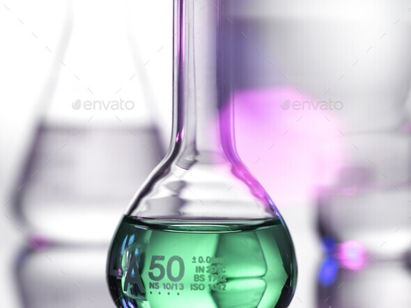 Laboratory beakers containing chemical formulas Stock Photo by Image-Source