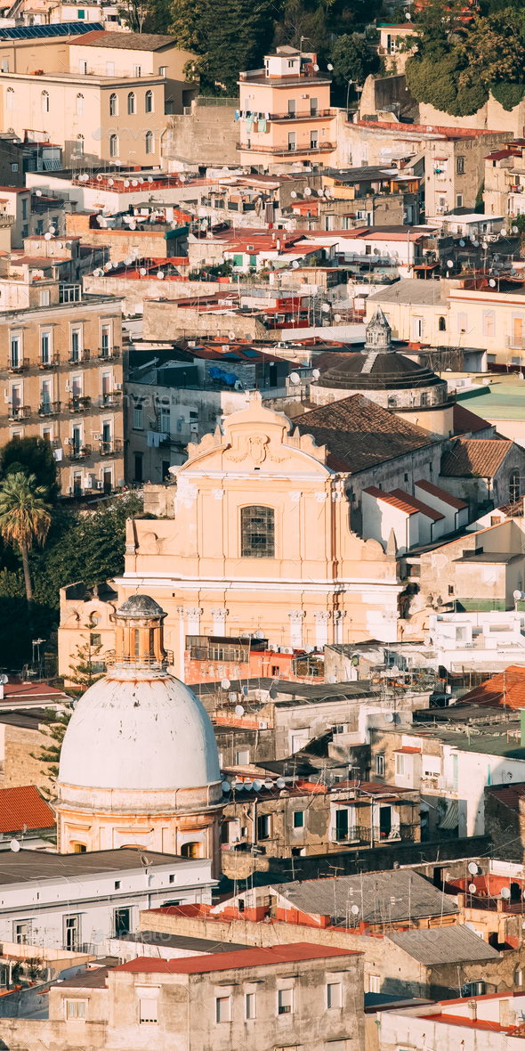 Naples, Italy. Top View Cityscape Skyline With Famous Landmarks In ...