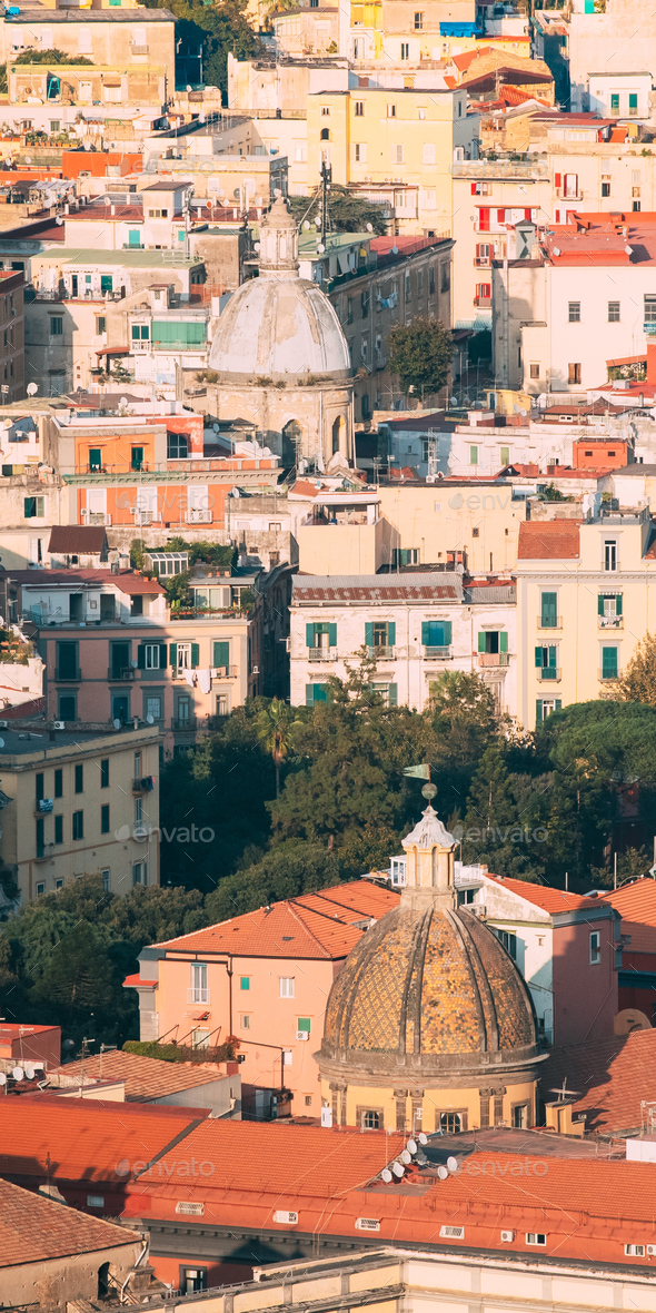 Naples, Italy. Top View Cityscape Skyline With Famous Landmarks In ...