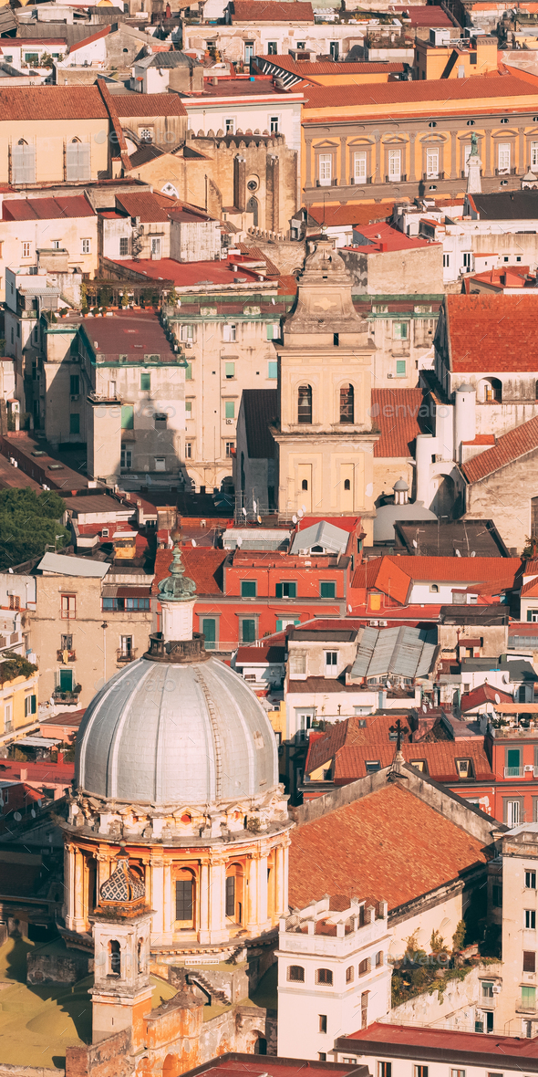 Naples, Italy. Top View Cityscape Skyline With Famous Landmarks In ...