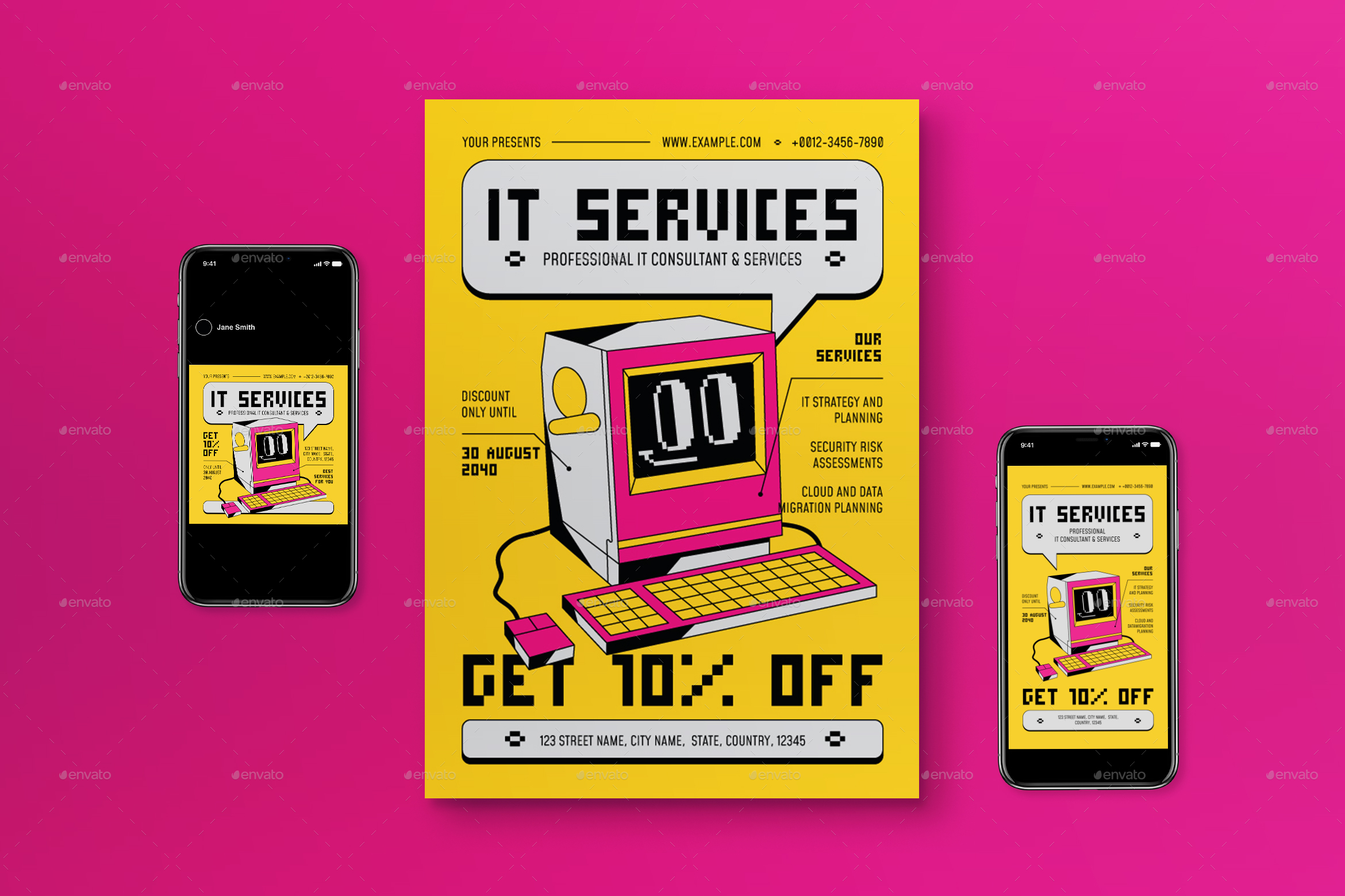 Yellow Pixelated IT Consultant & IT Service Flyer Set, Print Templates