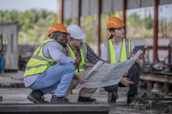 Engineer or worker architecture wearing safety uniform survey and ...