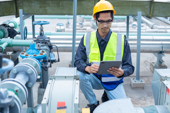Engineer checks water tank valves, equipment related to hot water ...