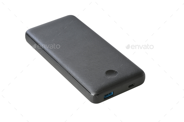 Black powerbank with usb port and usb c port on white background Stock ...