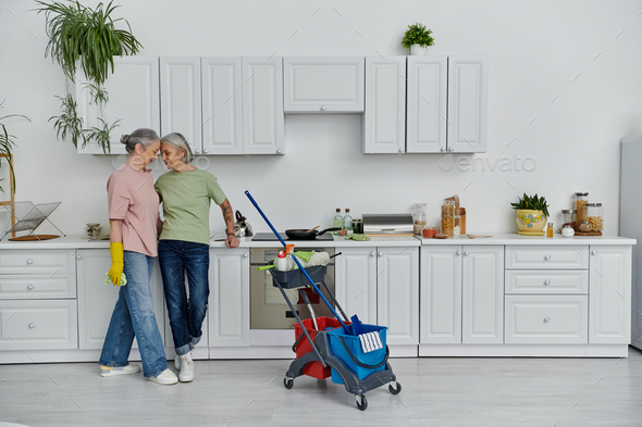 Modern love and housekeeping in a white kitchen Stock Photo by ...