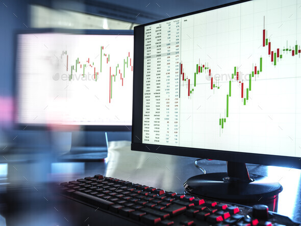 Hightech trading setup with multiple monitors displaying financial charts. Stock Photo by Image ...