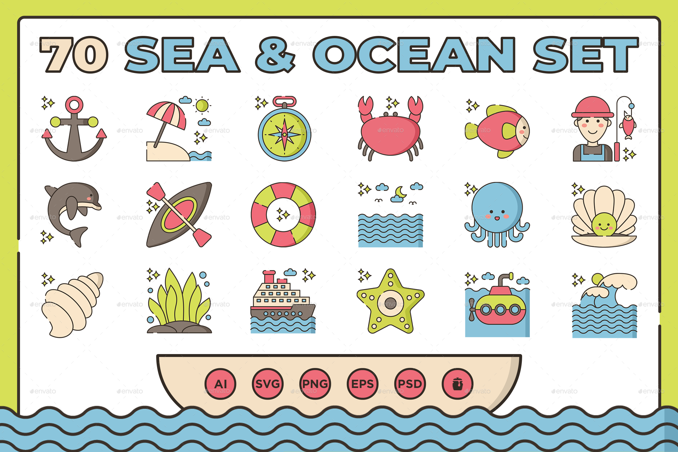 70 Sea and Ocean Icon Set Icons | Hazel Series, Icons | GraphicRiver