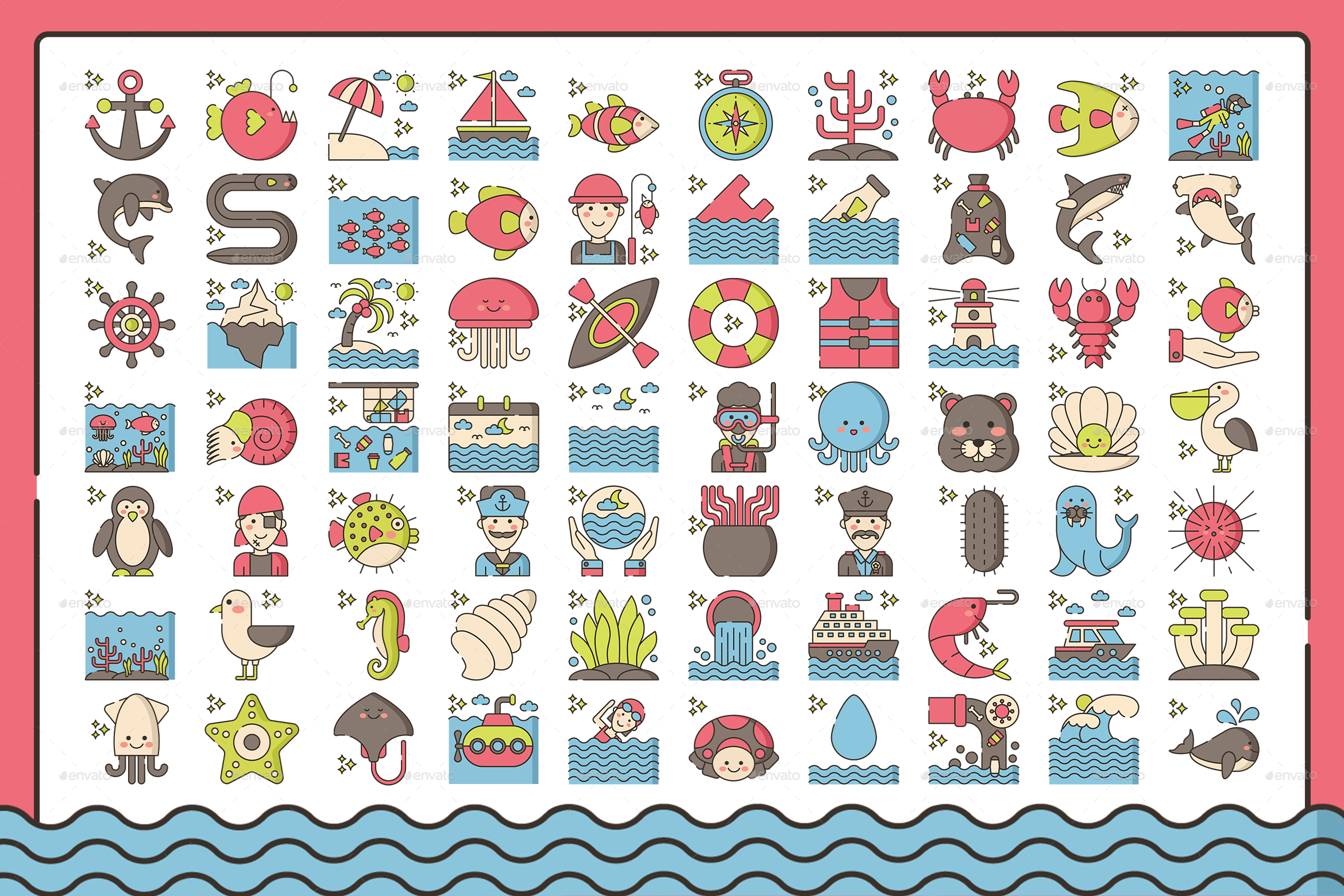 70 Sea and Ocean Icon Set Icons | Hazel Series, Icons | GraphicRiver