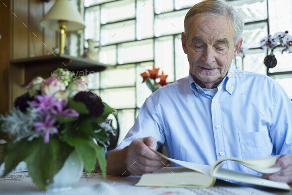 Elderly man enjoying a peaceful moment reading a book by the window ...