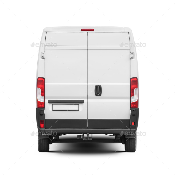 White clean delivery van small truck rear view isolated on a white ...