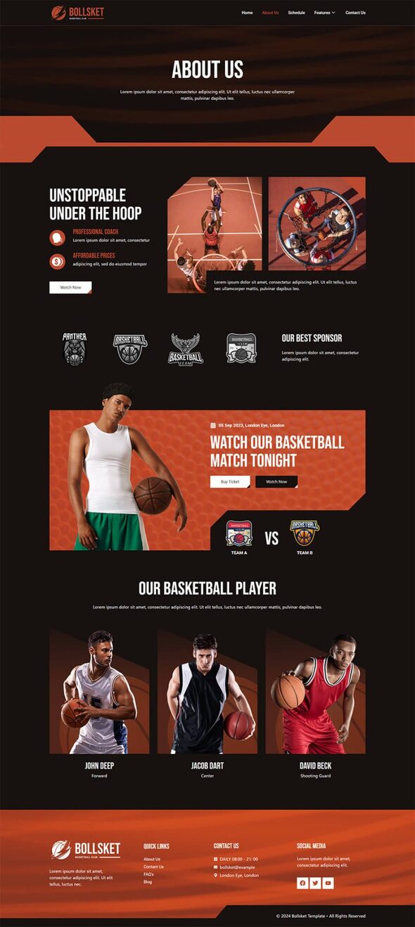 Bollsket - Basketball Club & Sport Elementor Template Kit by Kitpro