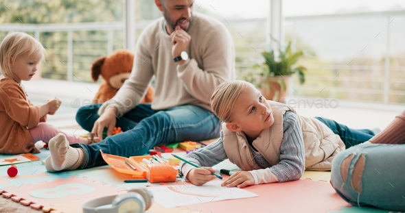 Children, parents and drawing for education on floor with family ...