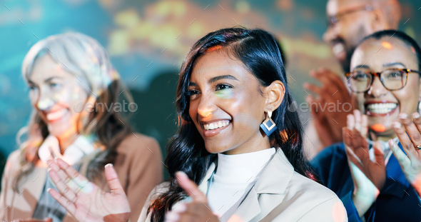 Business people, seminar and applause for presentation success, well done and conference ...