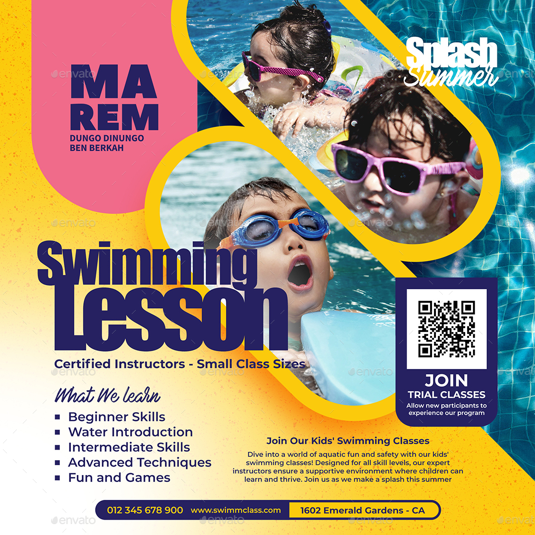 Swimming Lessons Flyer and Social Media, Print Templates | GraphicRiver