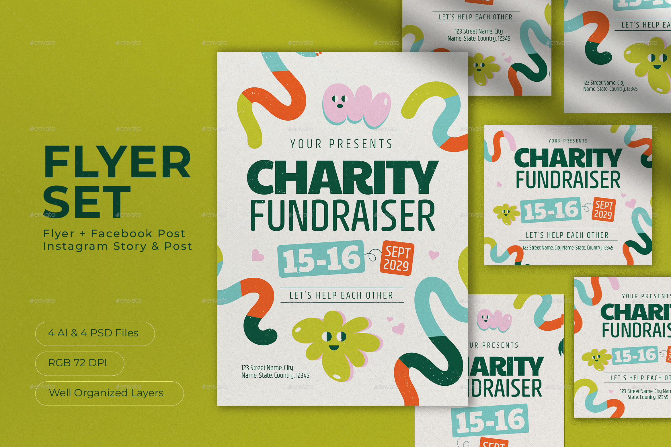 Colorful Playful Charity Fundraiser Flyer Set, Print Templates ...