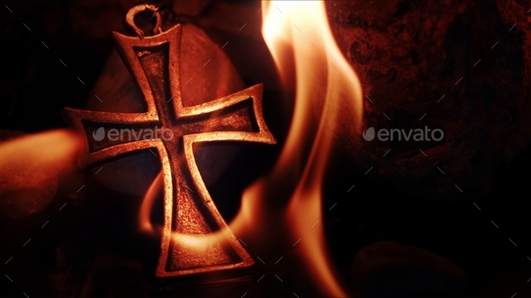 Christianity Symbol Cross in Fire Stock Photo by okanakdeniz | PhotoDune