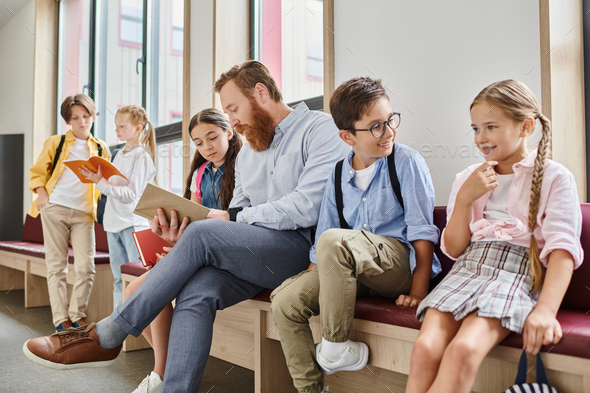 Harmony of generations: kids and adults unite on bench Stock Photo by ...