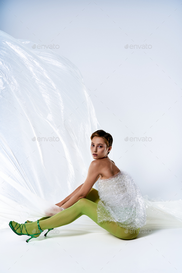 Sustainable Fashion: A Woman Poses in Bubble Wrap Dress Stock Photo by ...