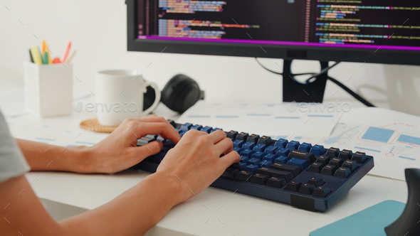 Asia Girl It Development Programmer Typing On Keyboard Coding Programming Fixing Database Code