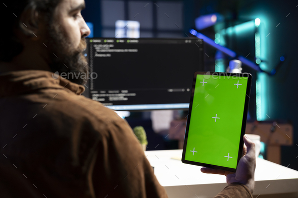 Admin doing software debugging using green screen tablet, checking code errors Stock Photo by DC ...