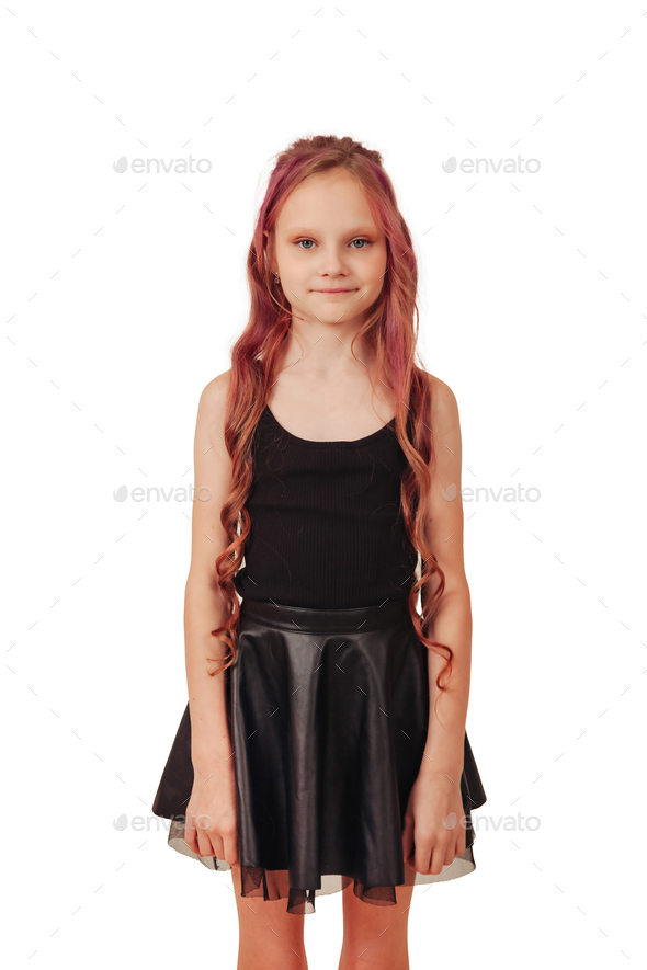Test snapshot portrait of stylish little girl model with red hair ...