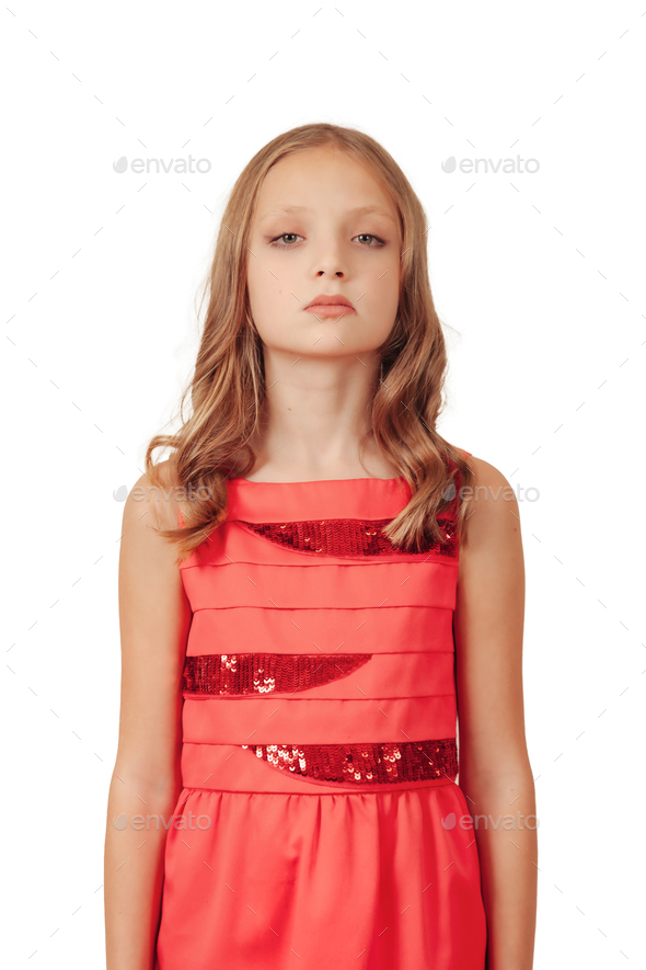 Test snapshot portrait of stylish little girl model in pink dress ...