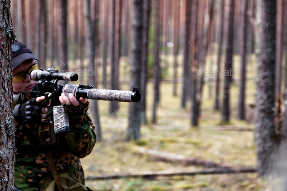 Russian soldiers sniper man dressed military disguise camouflage ...