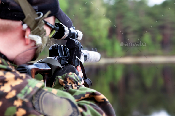 Russian soldier sniper man dressed military disguise camouflage uniform ...