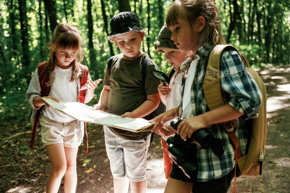 Paper traditional map. Kids in forest at summer daytime together Stock ...