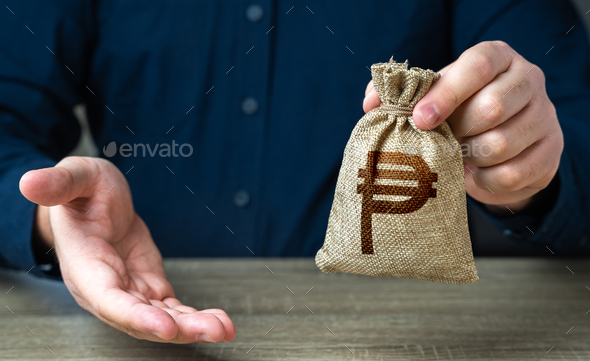 Giving gesture and philippine peso money bag. Stock Photo by iLixe48