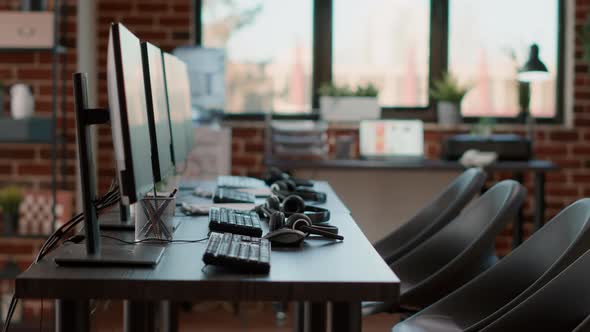 Empty Call Center Workstation with Headsets and Computers, Stock Footage