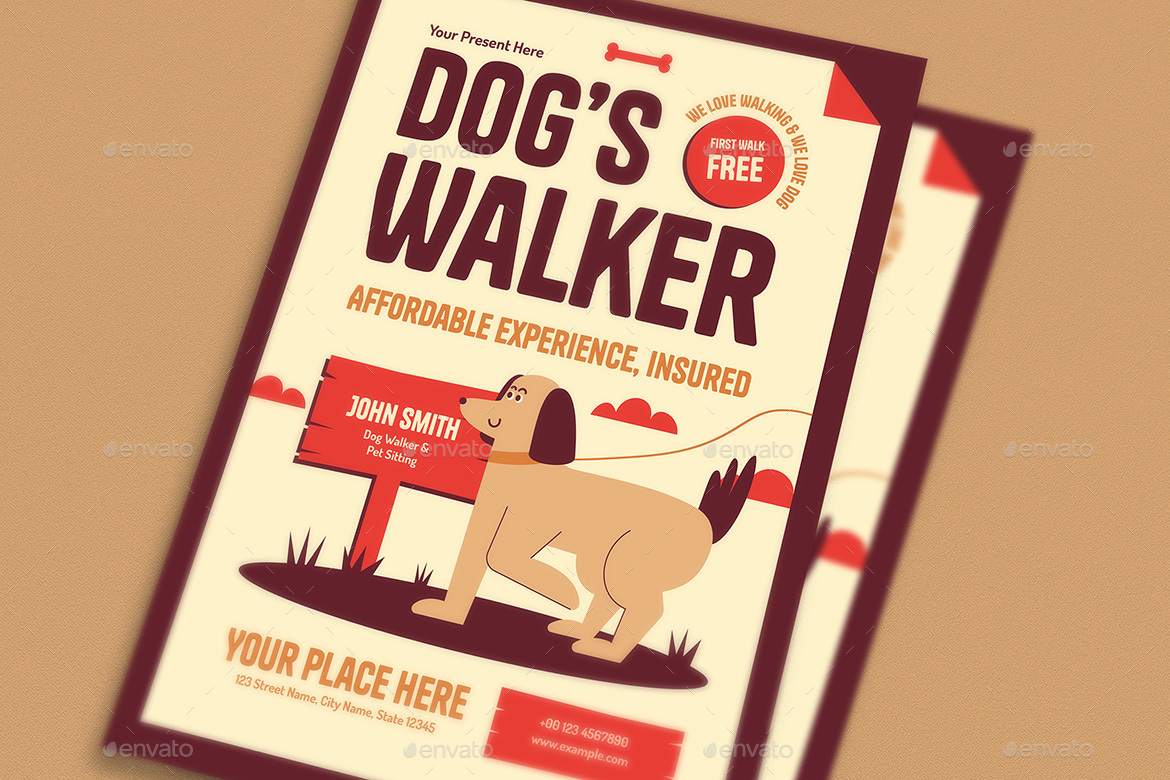 Retro Dog Walker Service Flyer, Print Templates | GraphicRiver