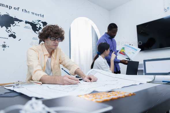 young architect man working drawing house design plan project. Stock ...