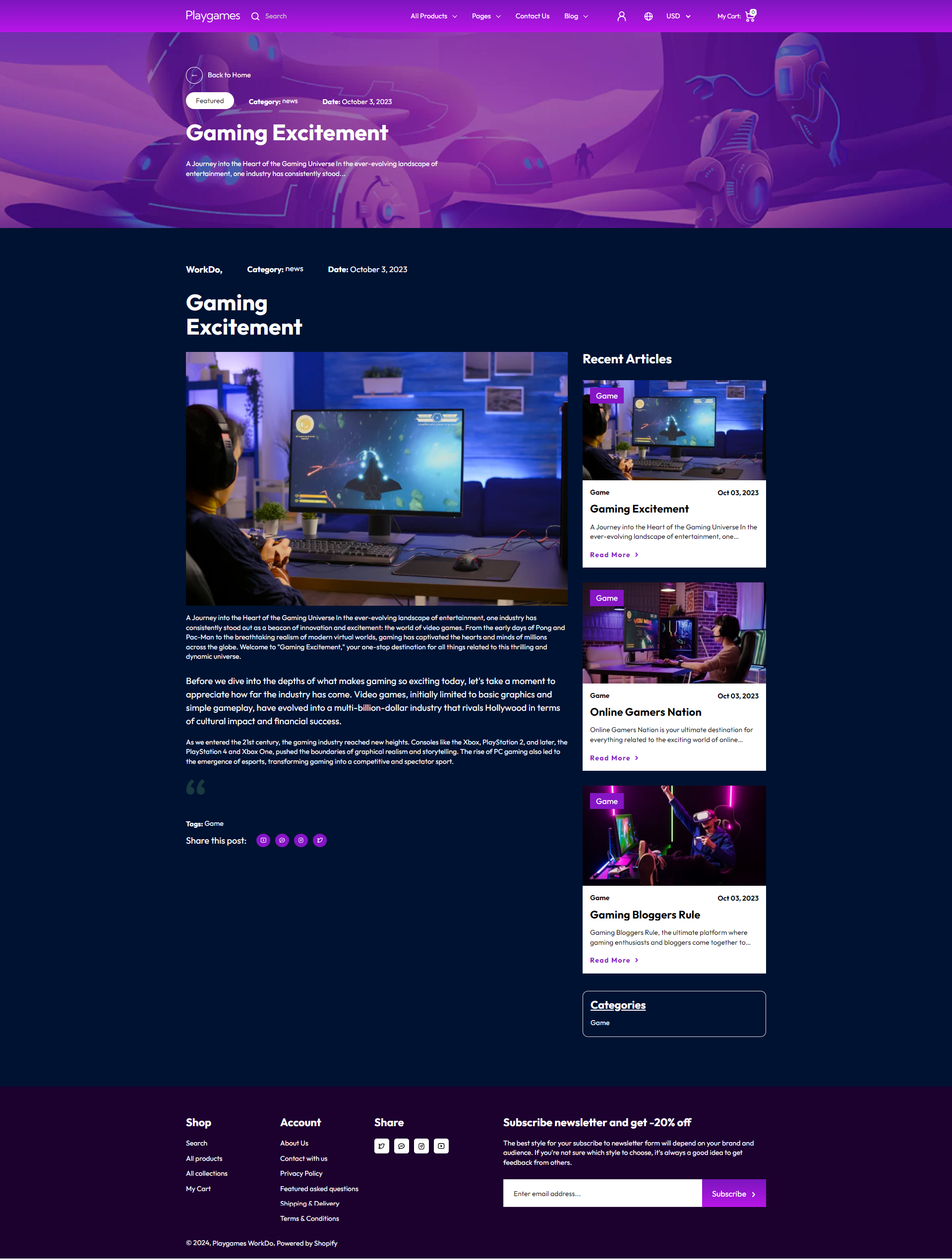 Playgames - Esports & Gaming Store Theme for Shopify 2.0 by WorkDo