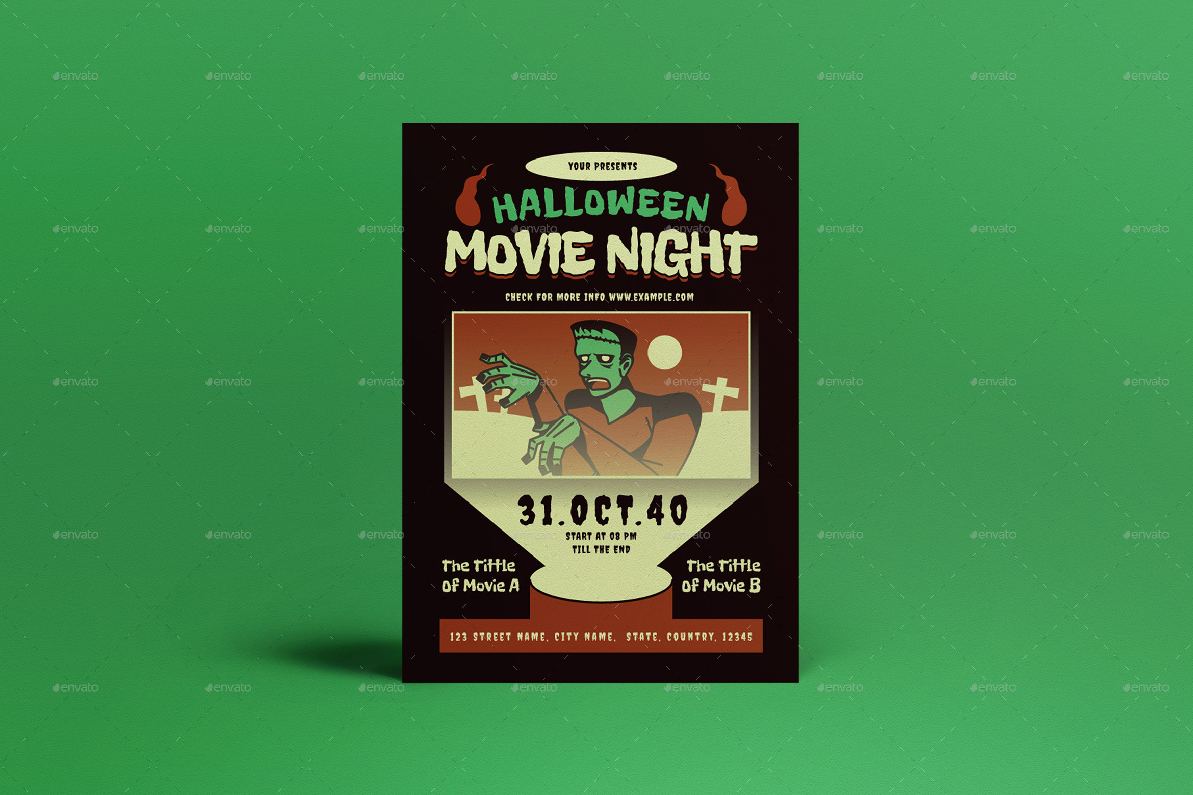Black Flat Design Halloween Movie Night Flyer Set, Print Templates