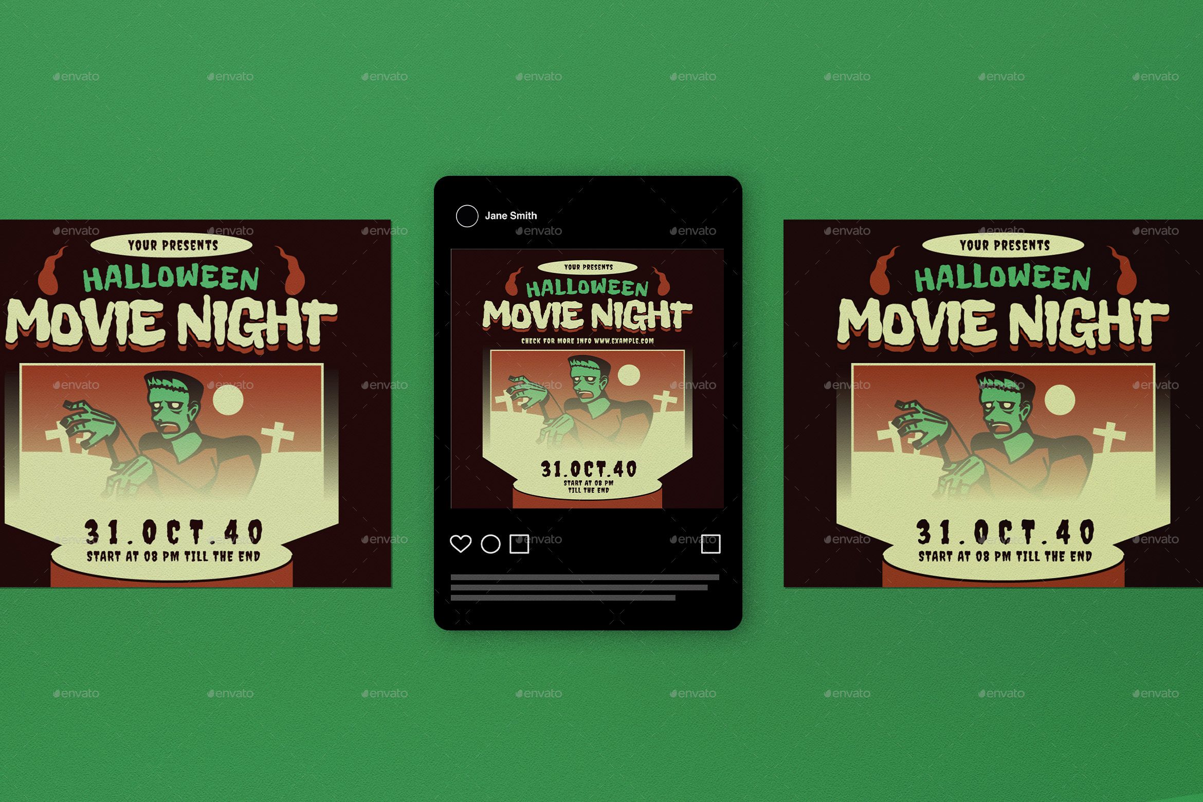 Black Flat Design Halloween Movie Night Flyer Set, Print Templates