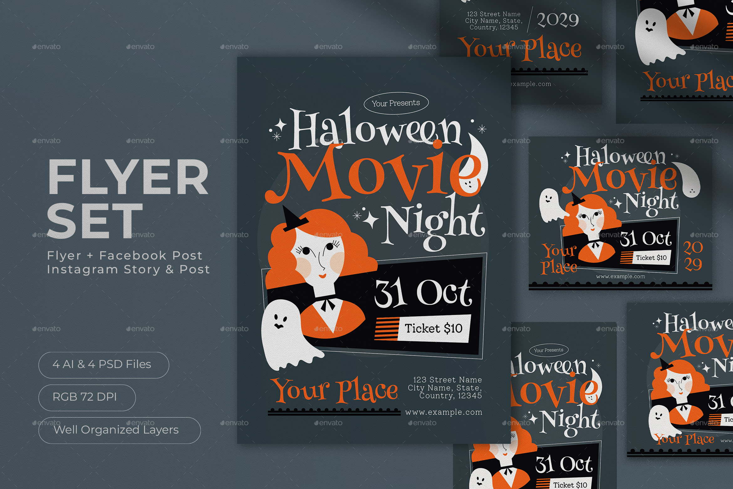 Gray Flat Design Halloween Movie Night Flyer Set, Print Templates ...