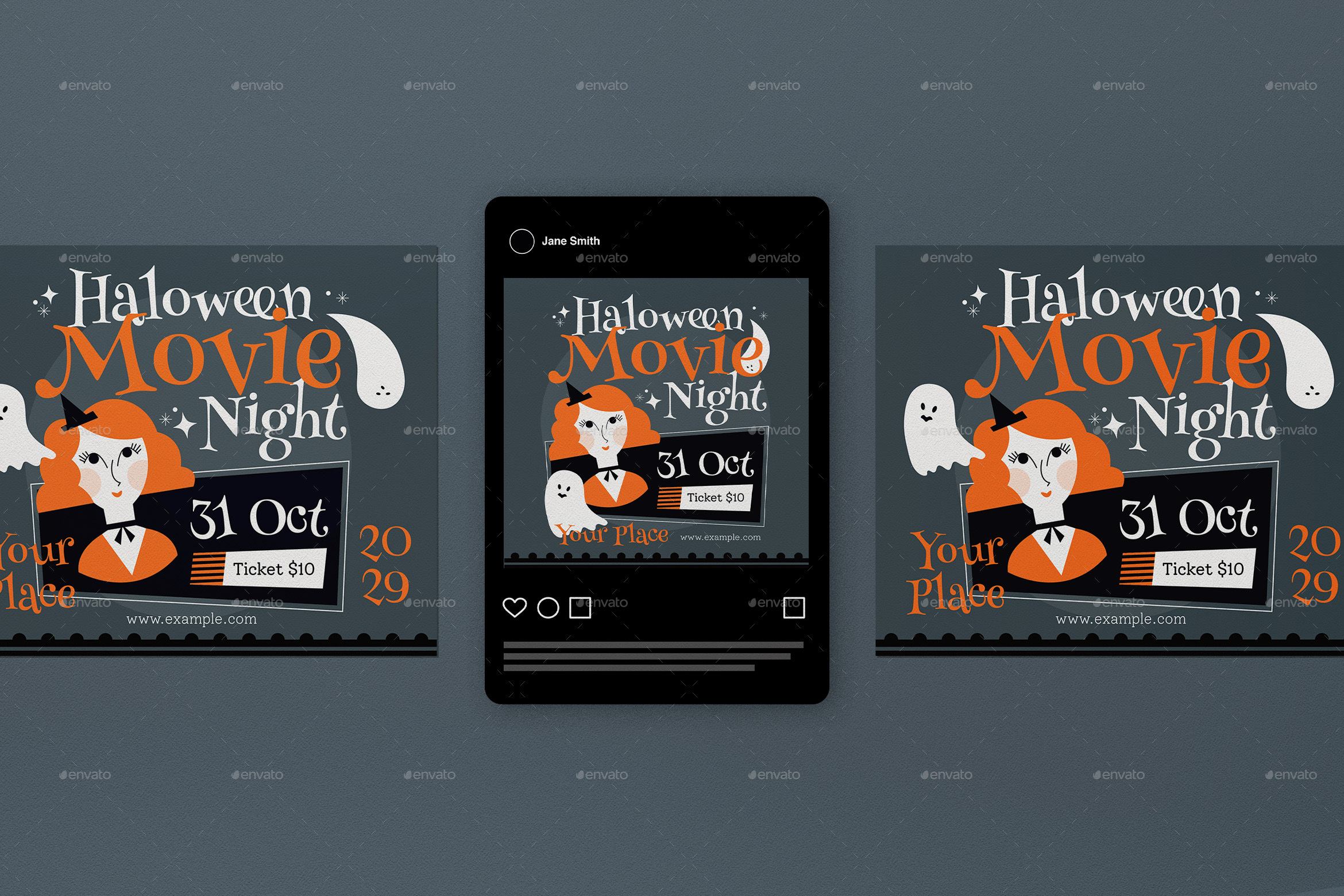 Gray Flat Design Halloween Movie Night Flyer Set, Print Templates ...