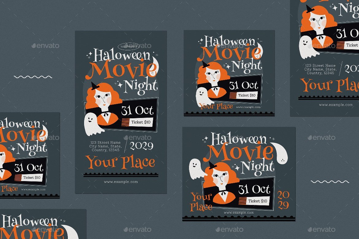 Gray Flat Design Halloween Movie Night Flyer Set, Print Templates ...