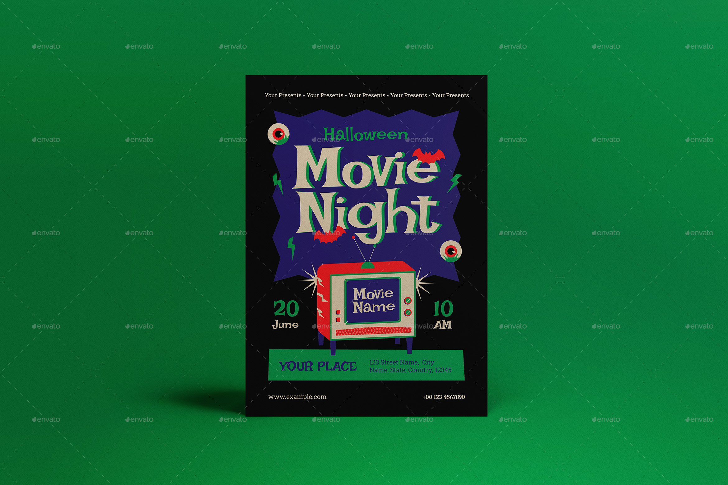Black Bold Flat Design Halloween Movie Night Flyer Set, Print Templates