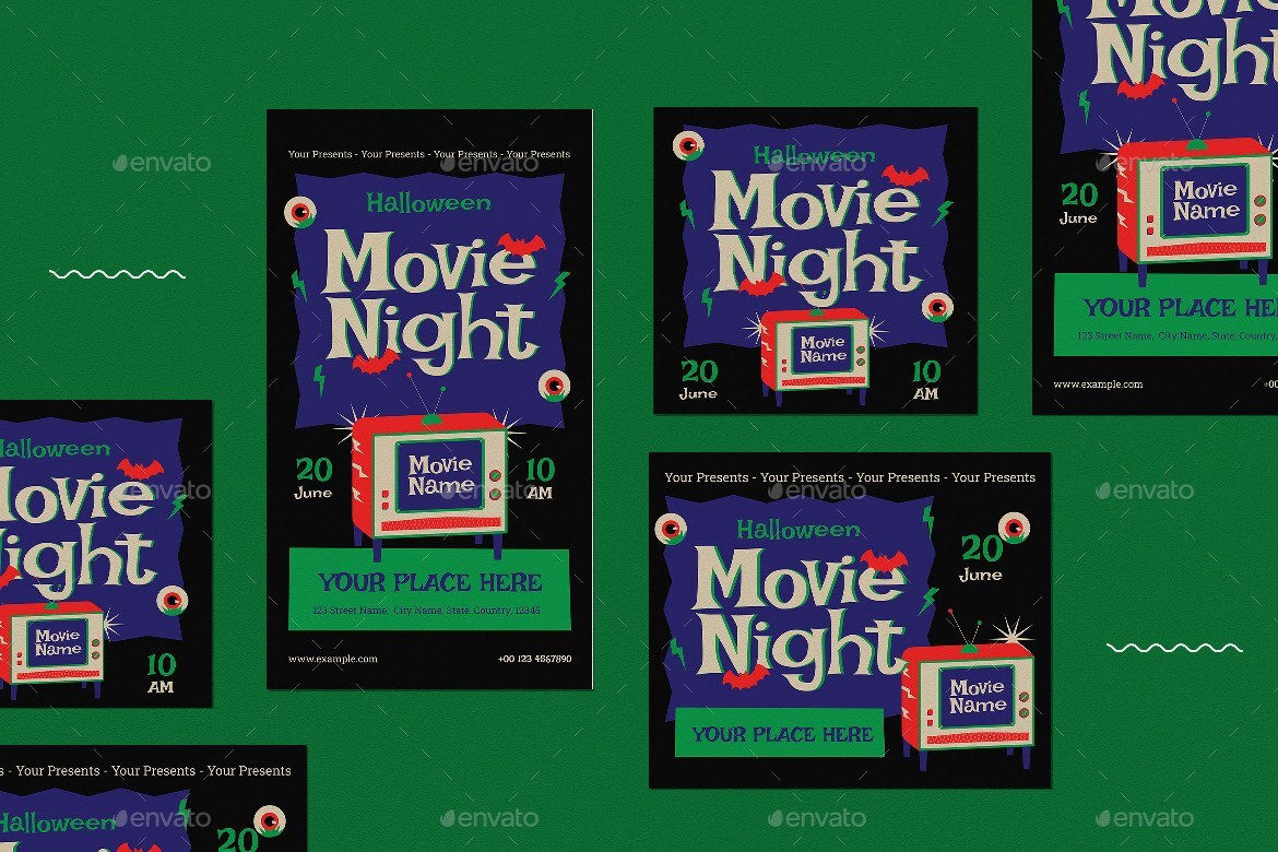 Black Bold Flat Design Halloween Movie Night Flyer Set, Print Templates