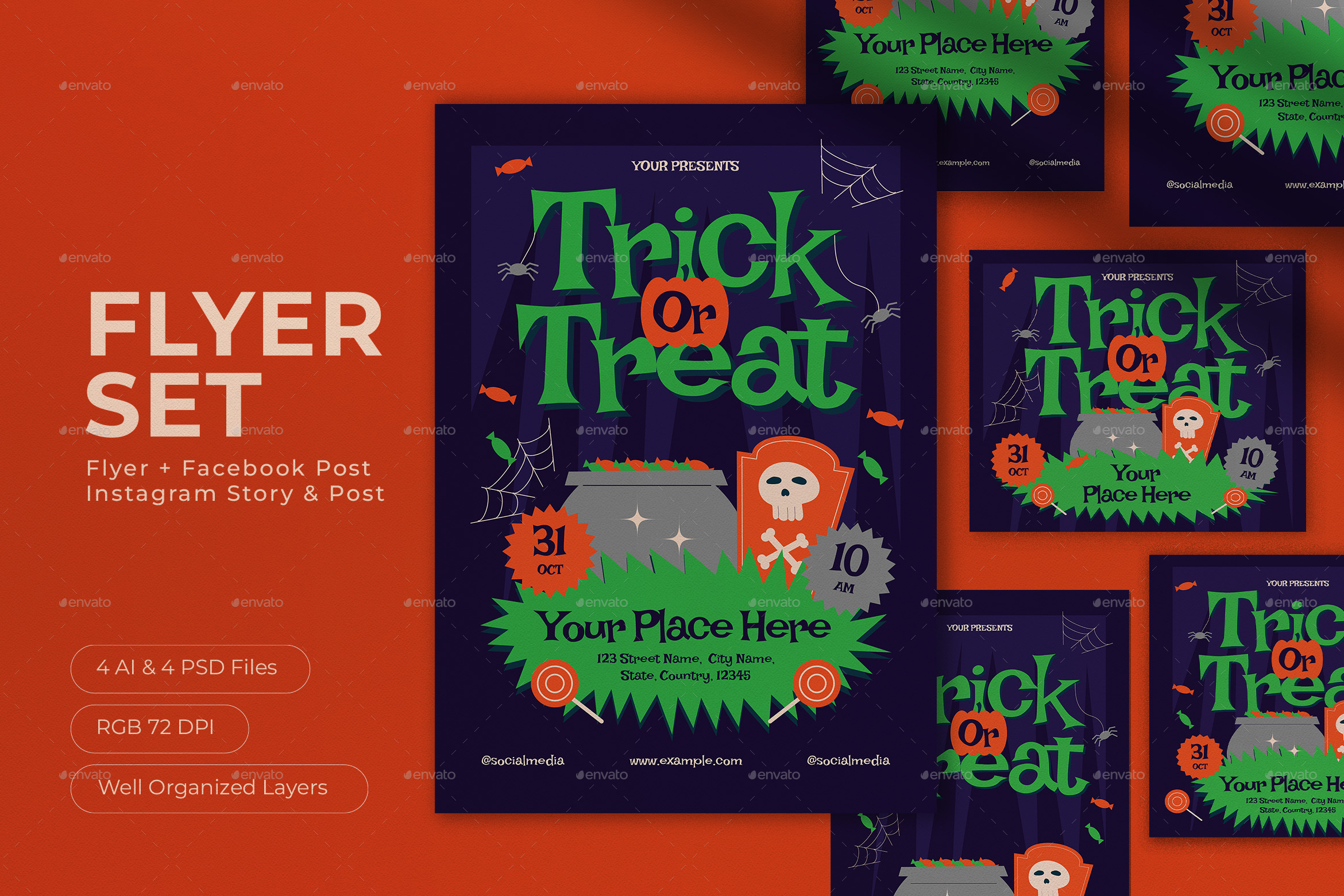 Purple Mid Century Trick or Treat Flyer Set, Print Templates | GraphicRiver