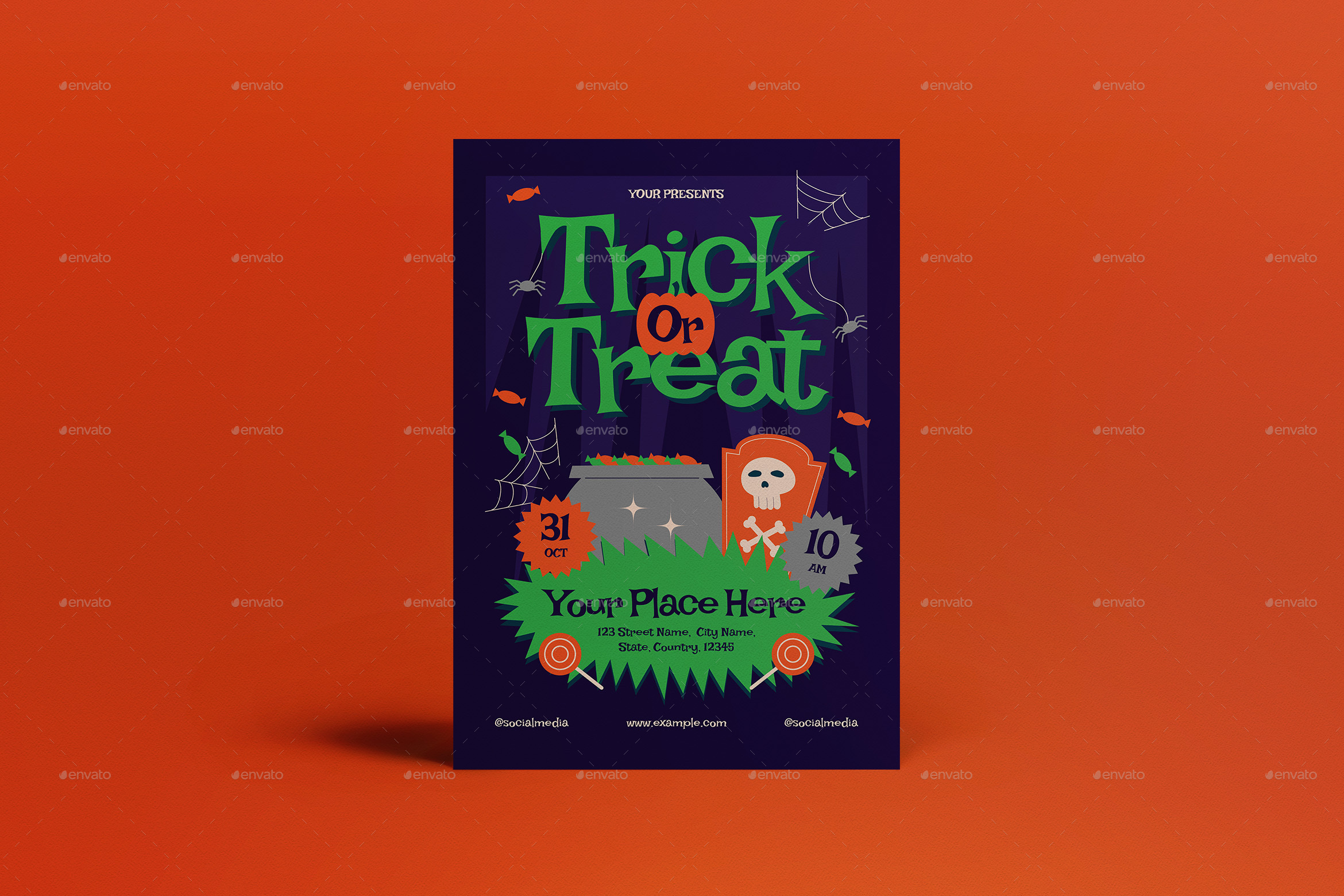 Purple Mid Century Trick or Treat Flyer Set, Print Templates | GraphicRiver