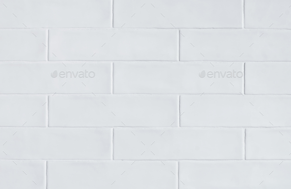 White light brick tiles wall texture wide background in rustic style ...