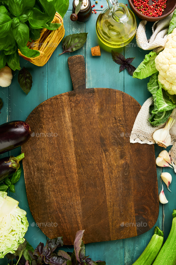 Rustic wooden food background empty frame border. Culinary border of ...