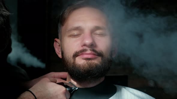 Shaving Process of Beards in Barbershop. Steam Shave, Stock Footage