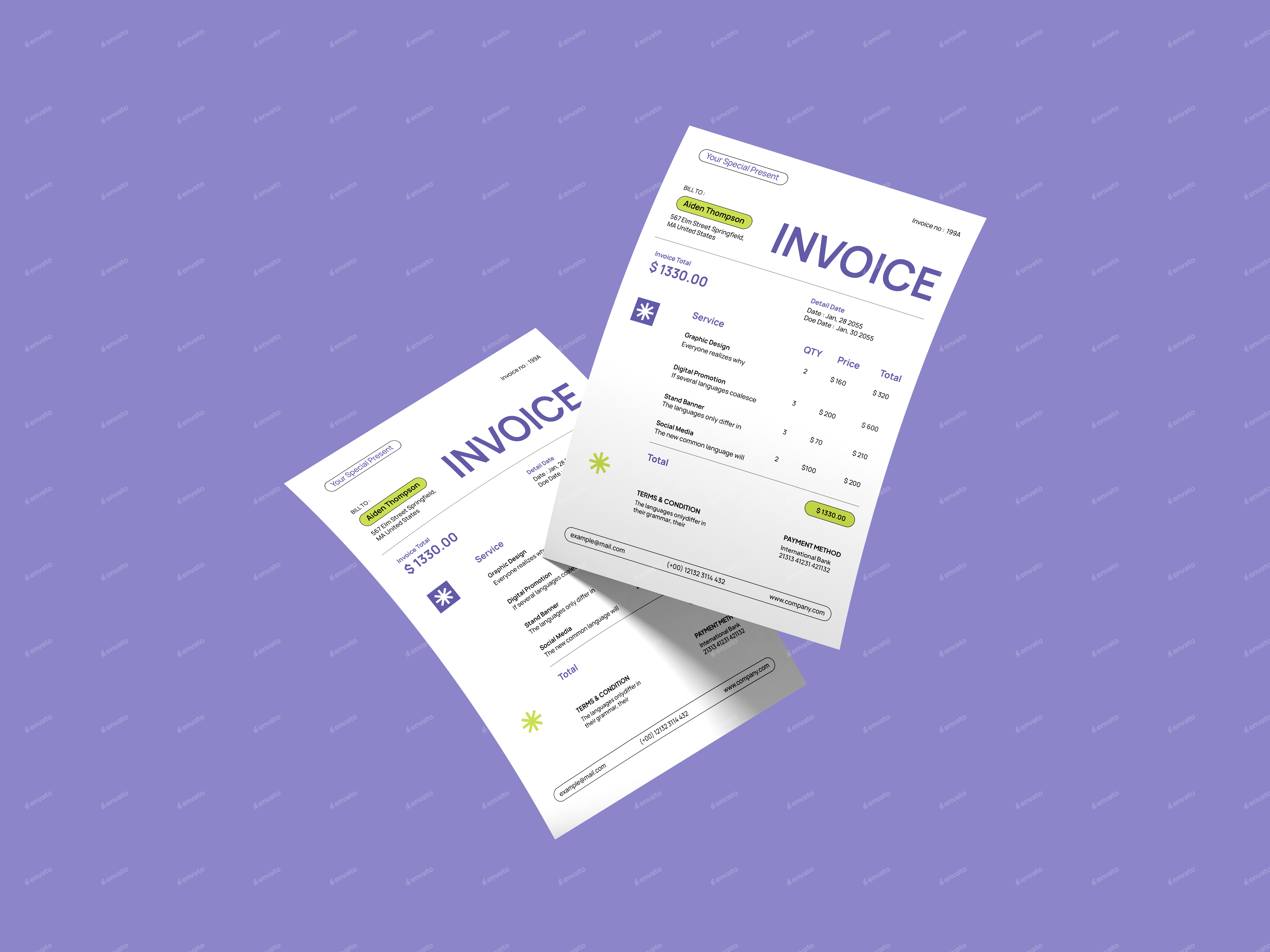 White Neon Green Purple Creative Modern Company Invoice, Print Templates